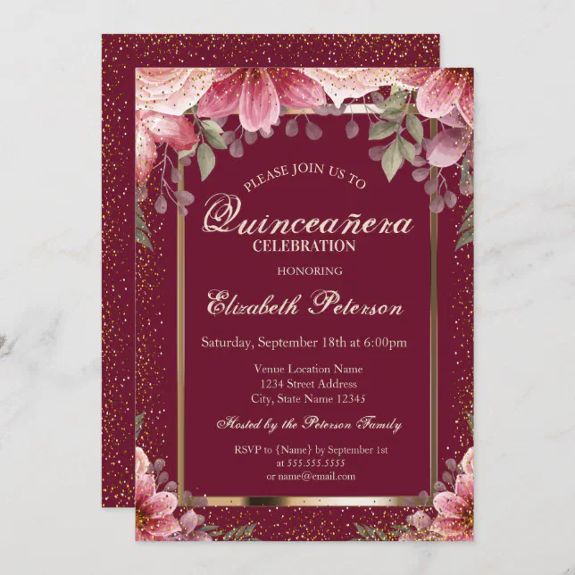 Elegant Flowers Frame Confetti Quinceañera Invitation | Zazzle