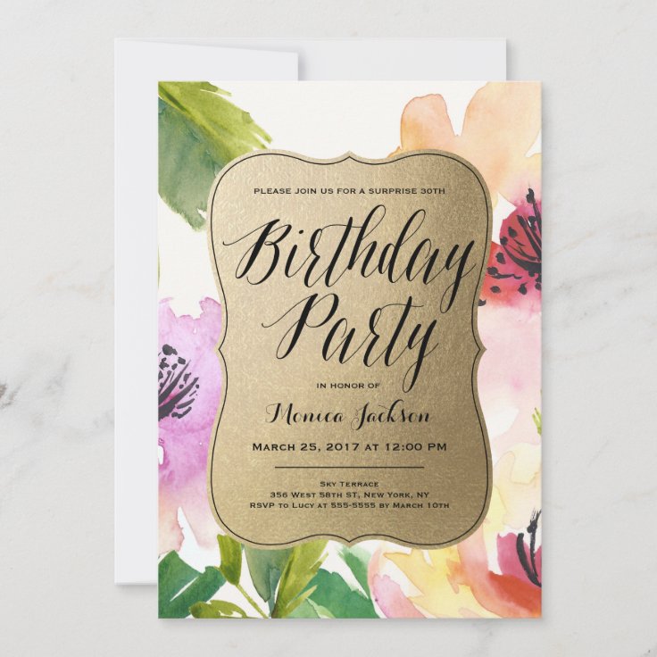 Elegant Flowers Gold | Birthday Party Invitation | Zazzle