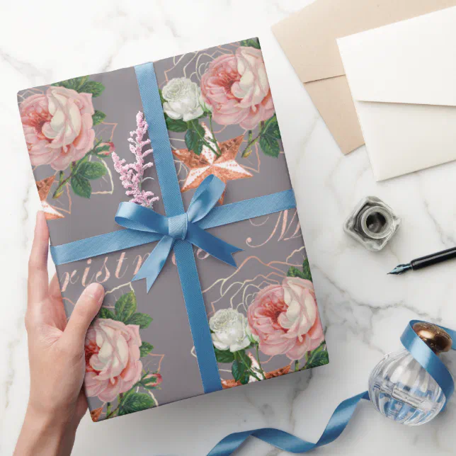Elegant flowers Merry Christmas rose gold glitter Wrapping Paper | Zazzle