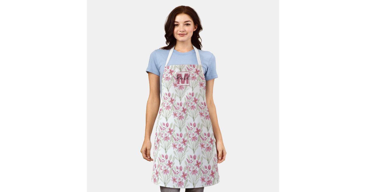 Elegant Flowers Pink Sage Green Watercolor Floral Apron | Zazzle