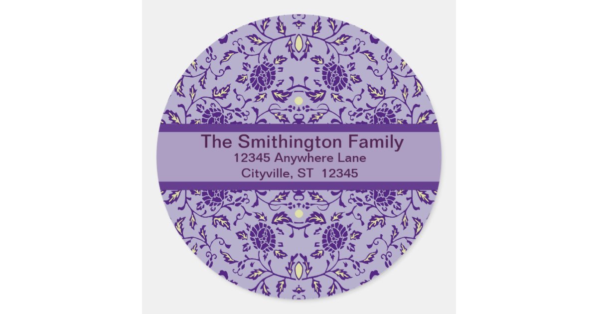 Elegant Flowery Purple Damask Classic Round Sticker | Zazzle