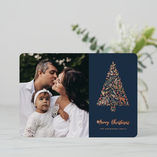 Elegant Foliage Christmas Tree | Navy | Photo Foil Holiday Card | Zazzle
