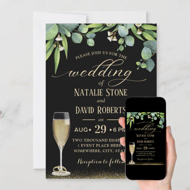 Elegant Foliage Floral Champagne & Rings Wedding Invitation | Zazzle