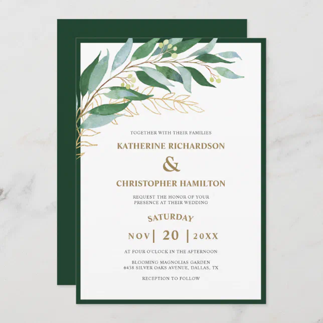 Elegant Foliage Forest Green Gold Leaf Wedding Invitation | Zazzle