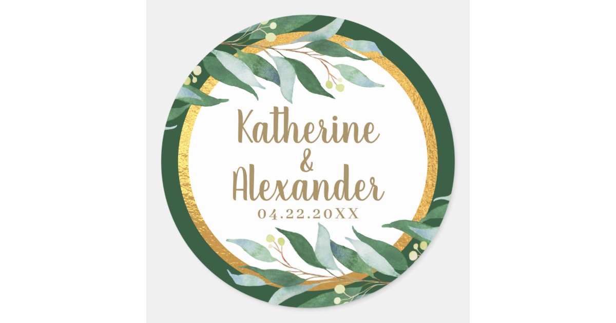 Elegant Foliage Gold Leaf Green Wedding Monogram Classic Round Sticker ...
