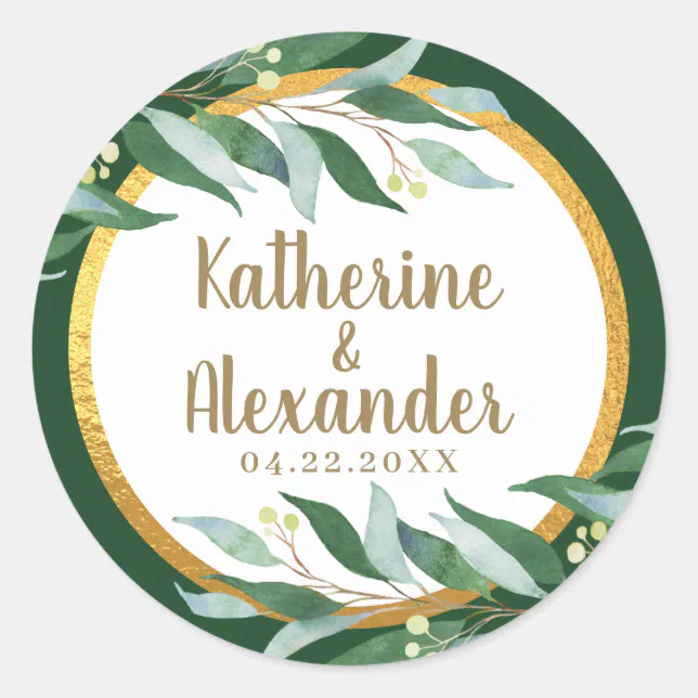 Elegant Foliage Gold Leaf Green Wedding Monogram Classic Round Sticker ...