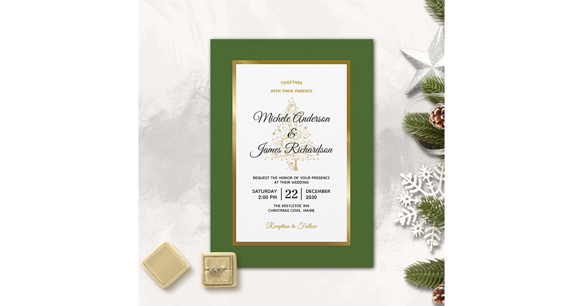 Elegant Forest Green Gold Christmas Tree Wedding Invitation | Zazzle