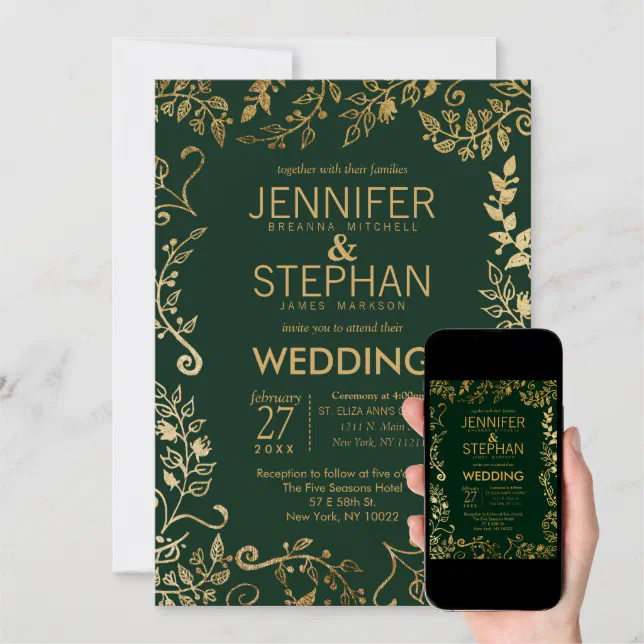 Elegant Forest Green Gold Floral Wedding Invitation | Zazzle