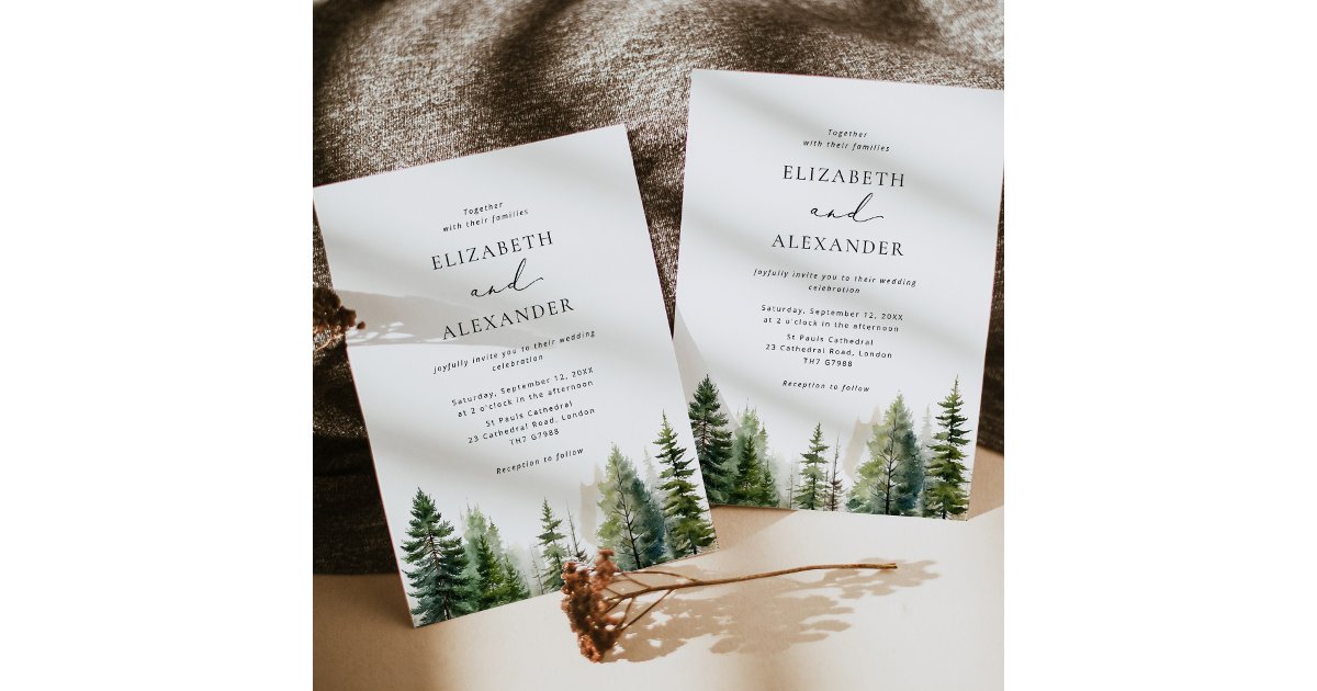 Elegant forest minimalist pine trees wedding invitation | Zazzle