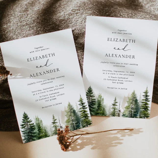 Elegant forest minimalist pine trees wedding invitation | Zazzle