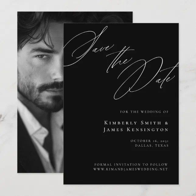Elegant Formal Calligraphy Black Photo Wedding Save The Date | Zazzle