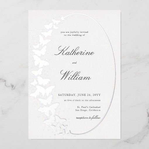 Elegant Formal Classic Butterfly Frame Silver Foil Invitation | Zazzle
