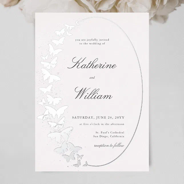 Elegant Formal Classic Butterfly Frame Silver Foil Invitation | Zazzle