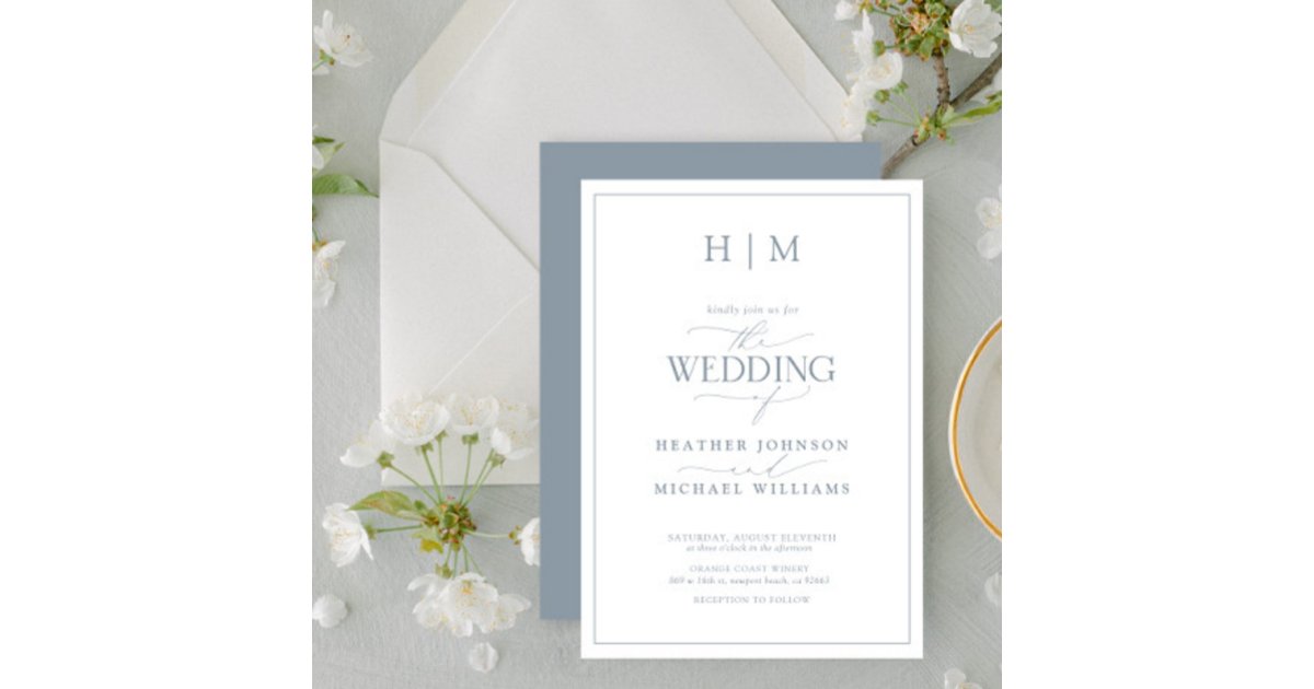 Elegant Formal Dusty Blue Calligraphy Wedding Invitation | Zazzle