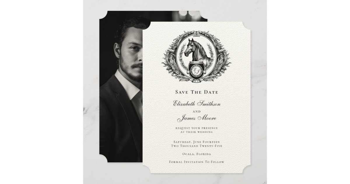 Elegant Formal Equestrian Monogram Crest Photo Save The Date | Zazzle