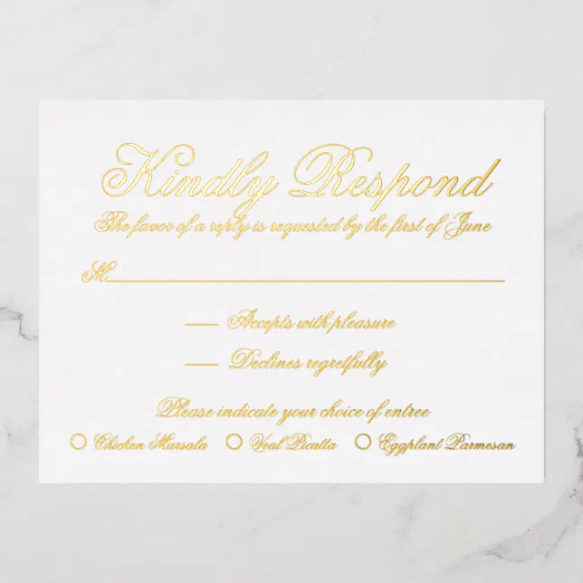 Elegant Formal Gold Foil Wedding RSVP Card | Zazzle