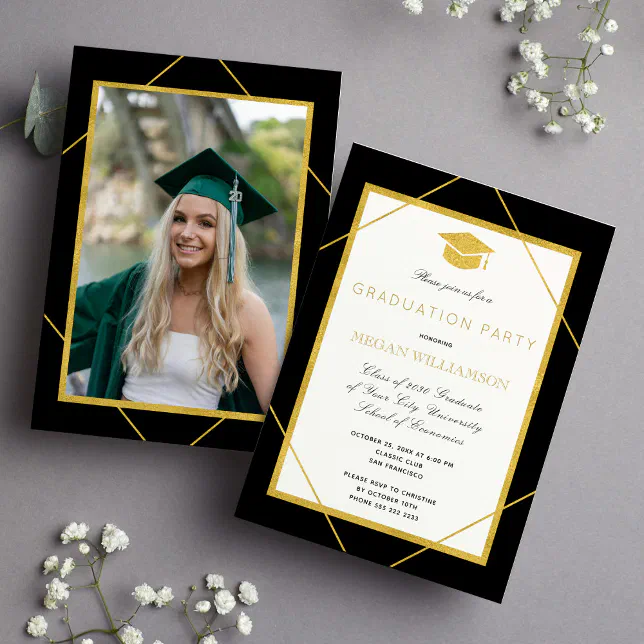 Elegant formal gold grad hat graduation party invitation | Zazzle