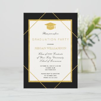 Elegant formal gold grad hat graduation party invitation | Zazzle