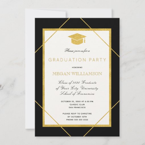 Elegant formal gold grad hat graduation party invitation | Zazzle