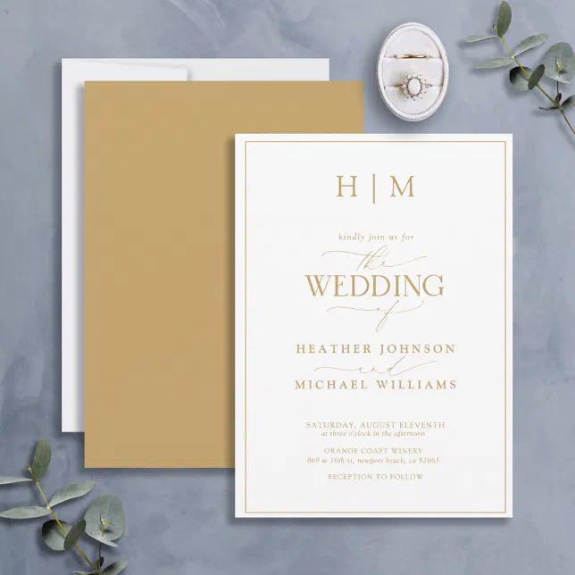 Elegant Formal Gold Monogram Calligraphy Wedding Invitation | Zazzle