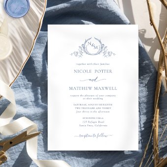 Elegant Formal Monogram Dusty Blue Wedding Invitation | Zazzle