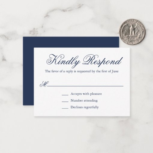 Elegant Formal Navy Blue Wedding Mini RSVP Card | Zazzle