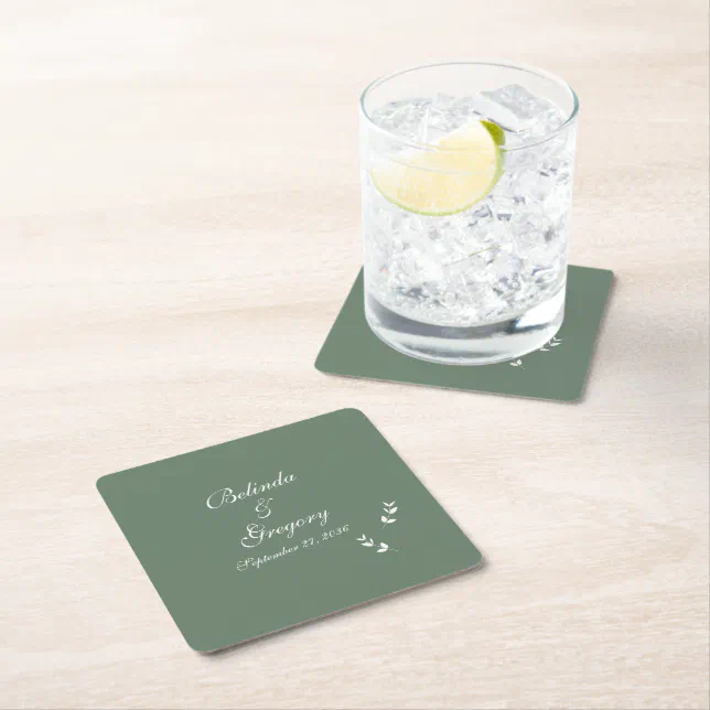 Elegant Formal Sage Olive Green Script Wedding Square Paper Coaster | Zazzle