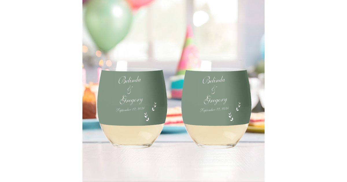 Elegant Formal Sage Olive Green Script Wedding Stemless Wine Glass | Zazzle