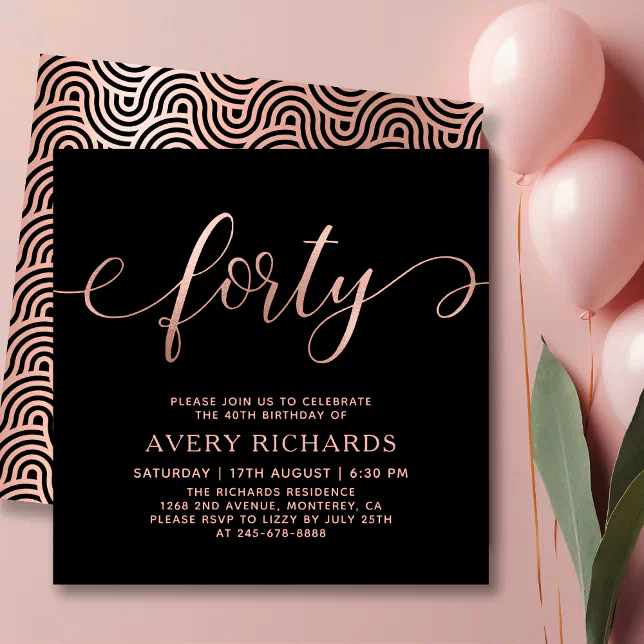 Elegant Forty Rose Gold Script Black 40th Birthday Invitation | Zazzle
