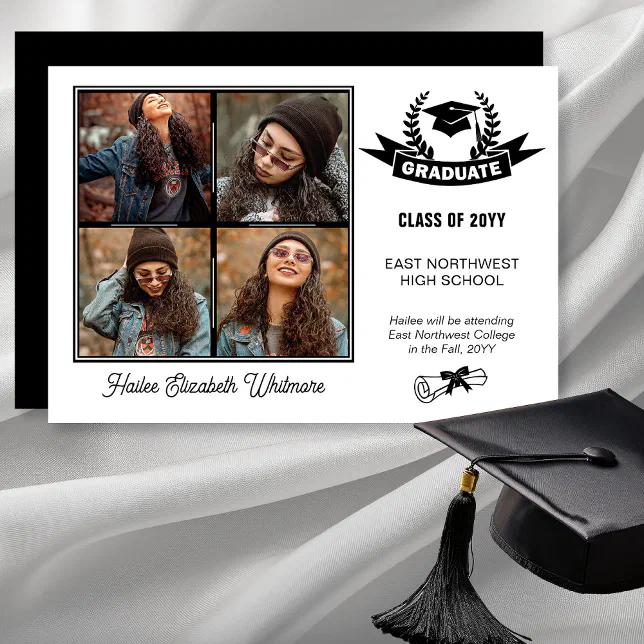 Elegant Four Photo Black | White Graduation Announcement | Zazzle