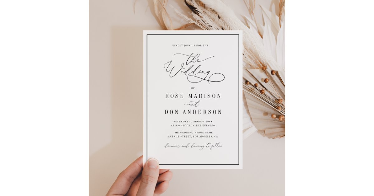 Elegant frame black and white wedding invitation | Zazzle