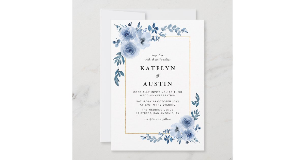 elegant frame blue floral wedding invitation | Zazzle
