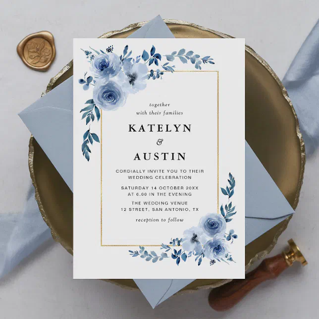 elegant frame blue floral wedding invitation | Zazzle
