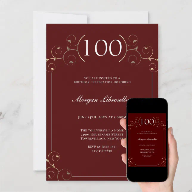 Elegant Frame Burgundy Gold 100th Birthday Invitation | Zazzle