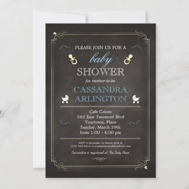 Elegant Frame Chalkboard Blue Baby Shower Invitation | Zazzle