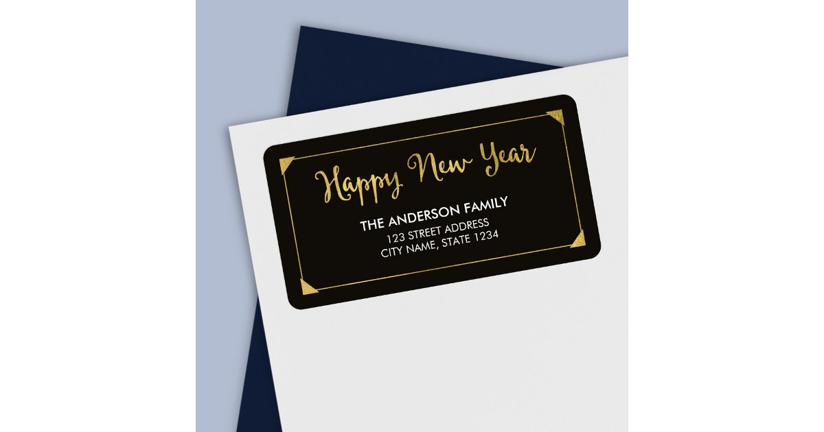 Elegant Frame Faux Gold Happy New Year Address Label | Zazzle