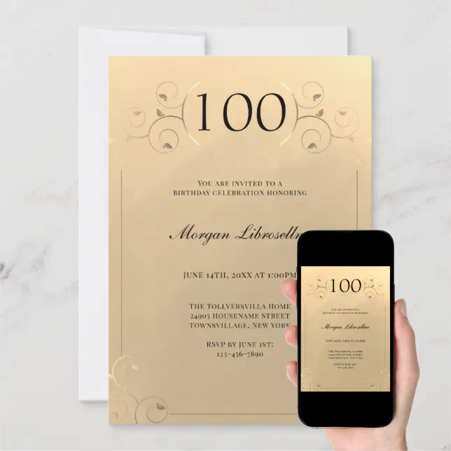 Elegant Frame Gold 100th Birthday Invitation | Zazzle
