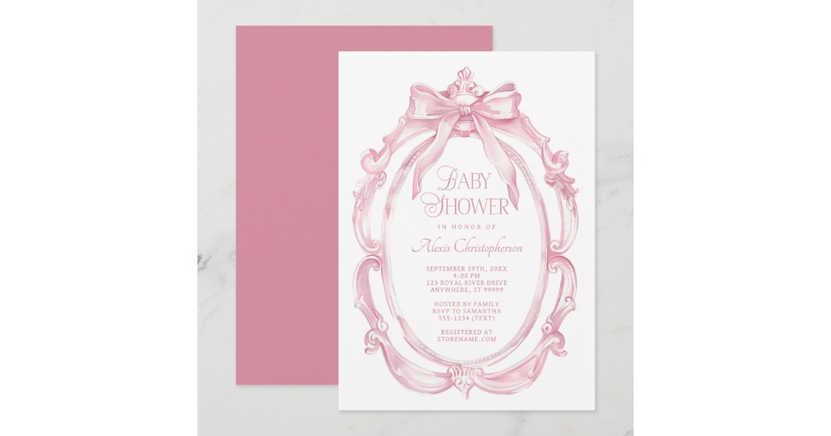 Elegant Frame + Pink Bow Baby Shower Invitation | Zazzle