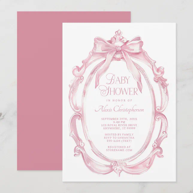 Elegant Frame + Pink Bow Baby Shower Invitation | Zazzle