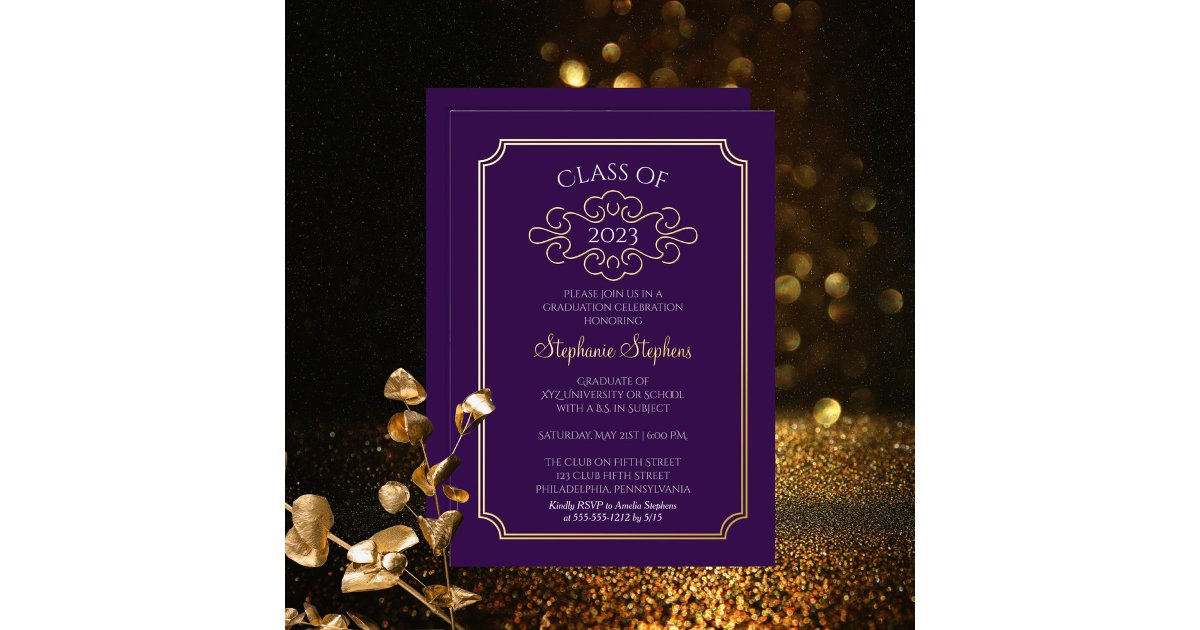 Elegant Frame Purple College Graduation Party Foil Invitation | Zazzle