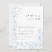Elegant French Blue Floral Line Art Wedding Invitation | Zazzle