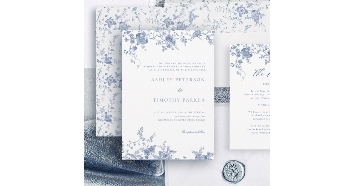 Elegant French Blue Vintage Floral Wedding Invitation | Zazzle