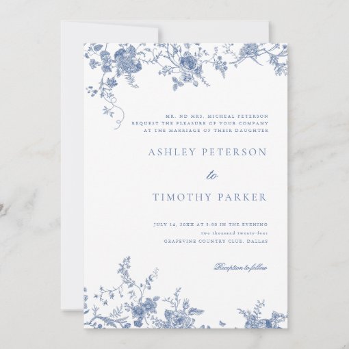 Elegant French Blue Vintage Floral Wedding Invitation | Zazzle