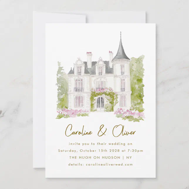 Elegant French Chateau Watercolor Wedding Invitation | Zazzle