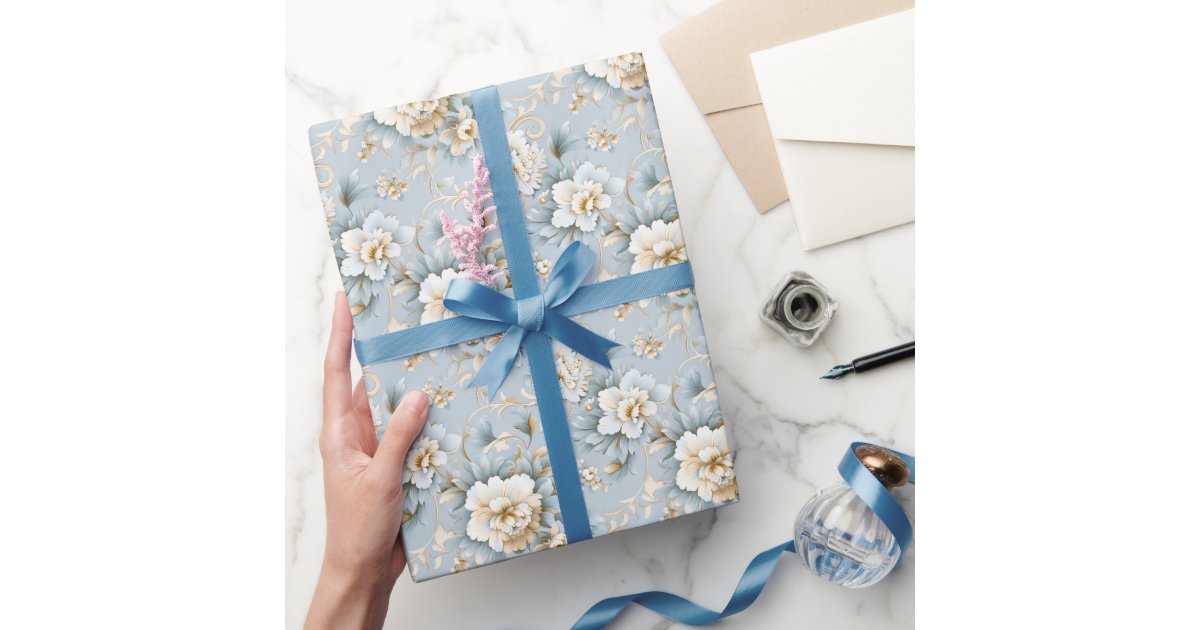 Elegant French Powder Blue, White and Gold Floral Wrapping Paper | Zazzle