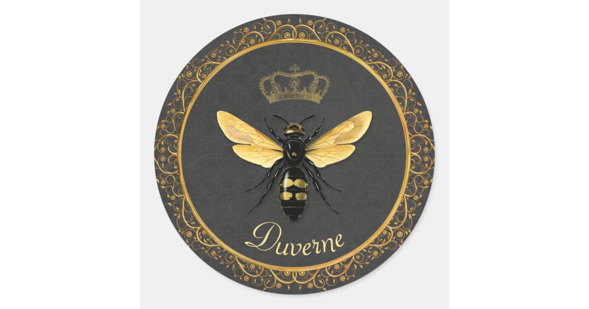 Elegant French Queen Bee Gray Gold Yellow Classic Round Sticker | Zazzle