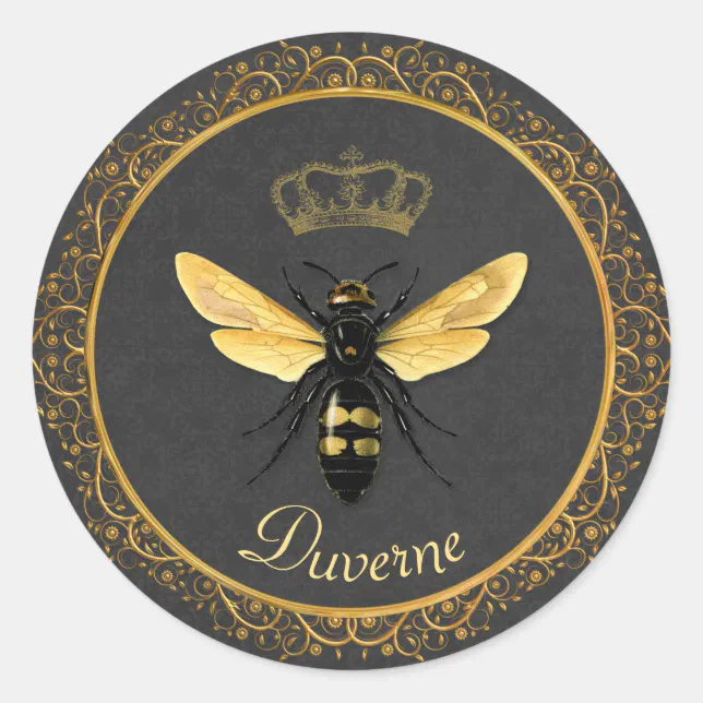 Elegant French Queen Bee Gray Gold Yellow Classic Round Sticker | Zazzle