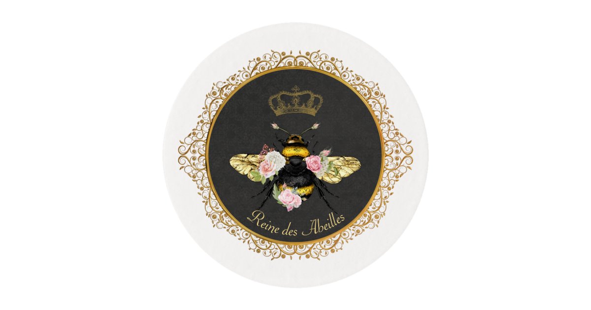 Elegant French Queen Bee Pink Roses Gray Gold Edible Frosting Rounds ...