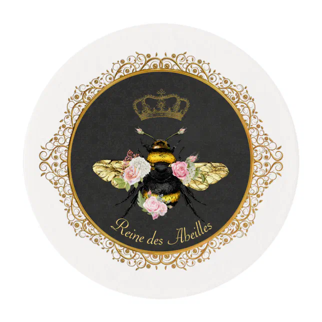 Elegant French Queen Bee Pink Roses Gray Gold Edible Frosting Rounds ...