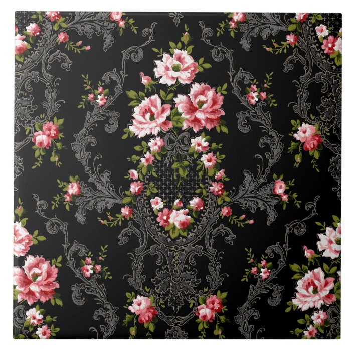 Elegant French Rococo Floral-Black Background Ceramic Tile | Zazzle.com
